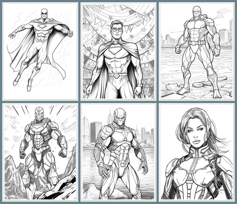 34 Superheroes Coloring Pages Adults Printable Grayscale Hero - Etsy