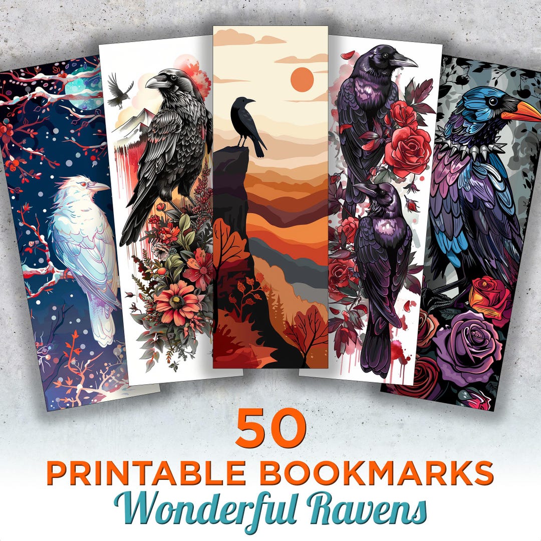 50 Raven Printable Bookmarks, Crow Digital Bookmark Sheets, Raven PNG ...