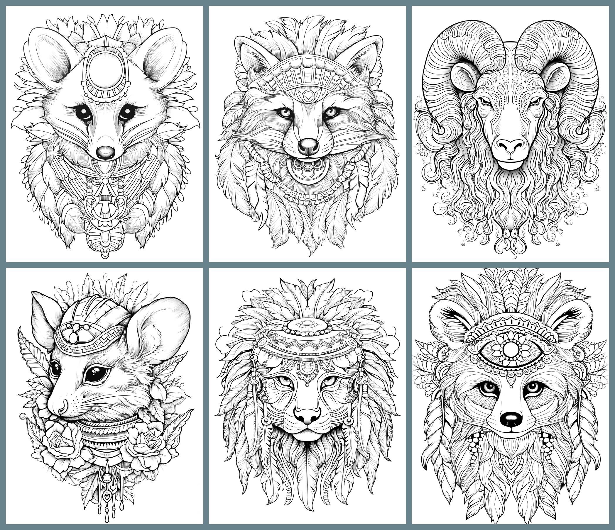 35 Boho Animals Coloring Pages, Boho Animals Printable Grayscale ...