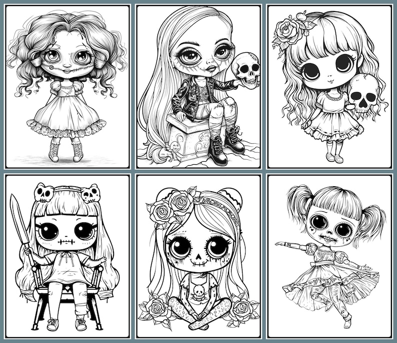 50 Creepy Dolls Coloring Pages, Adults Horror Dolls Printable Grayscale ...