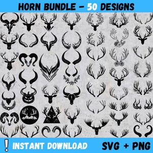 50 Horns PNG & SVG Bundle, Animal Horn SVG Silhouettes Sublimation ...