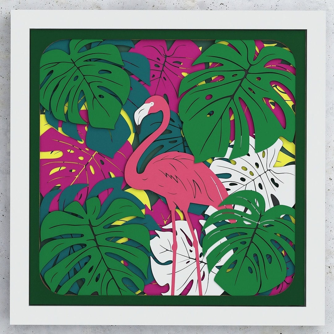 Flamingo Shadow Box, Flamingo Hiding in Leaves SVG, Monstera Layered ...