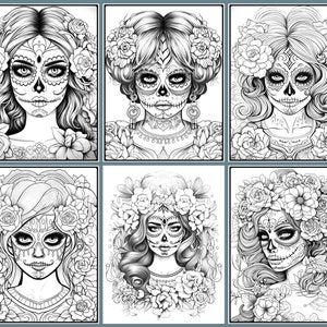 50 Sugar Skull Girls Coloring Pages V2, Adults Printable Grayscale ...