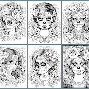 50 Sugar Skull Girls Coloring Pages V2, Adults Printable Grayscale ...