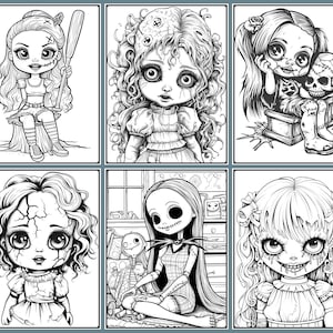 50 Creepy Dolls Coloring Pages, Adults Horror Dolls Printable Grayscale ...
