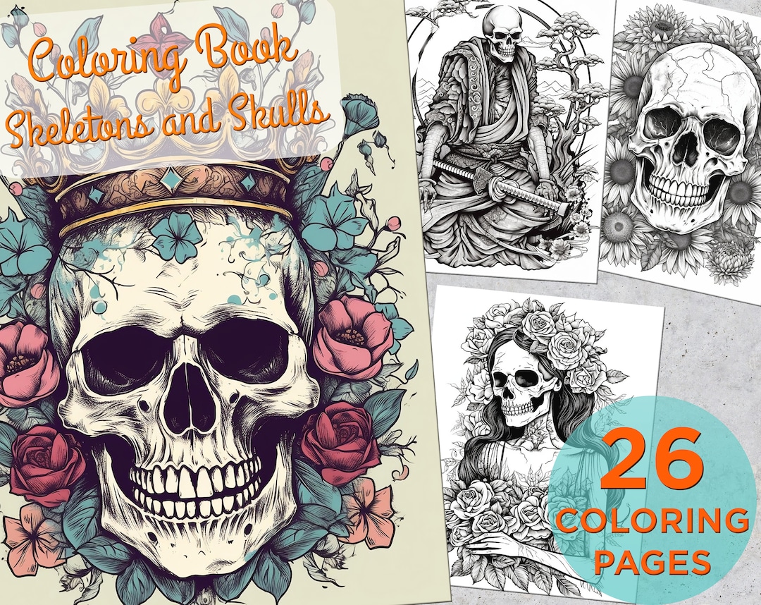 26 Skeletons and Skulls Coloring Pages Adults Printable - Etsy