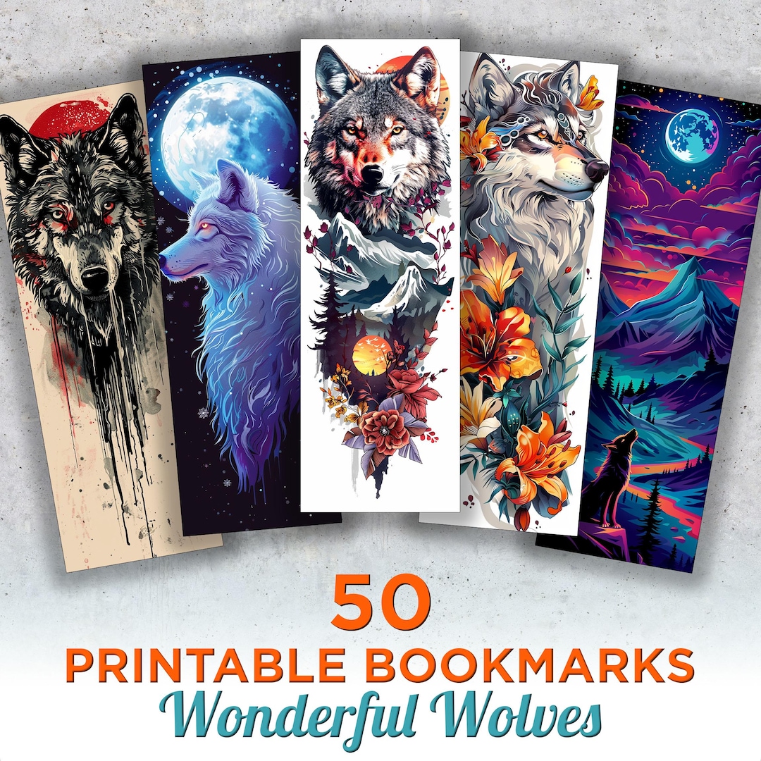 50 Wolf Printable Bookmarks, Wolf Digital Bookmark Sheets, Wolf PNG ...