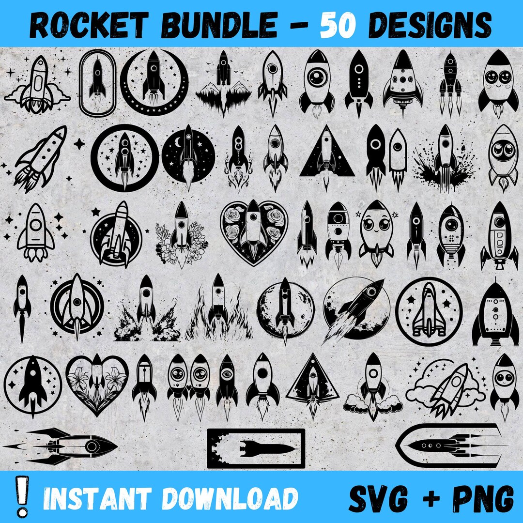 50 Rocket PNG & SVG Bundle, Rocket SVG Silhouettes Sublimation, Rocket ...