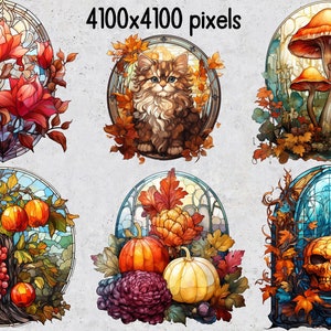 35 Autumn Stained Glass PNG Cliparts, Watercolor Autumn Stained Glass ...