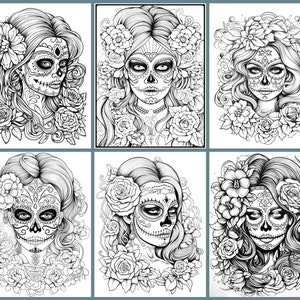 50 Sugar Skull Girls Coloring Pages V2, Adults Printable Grayscale ...
