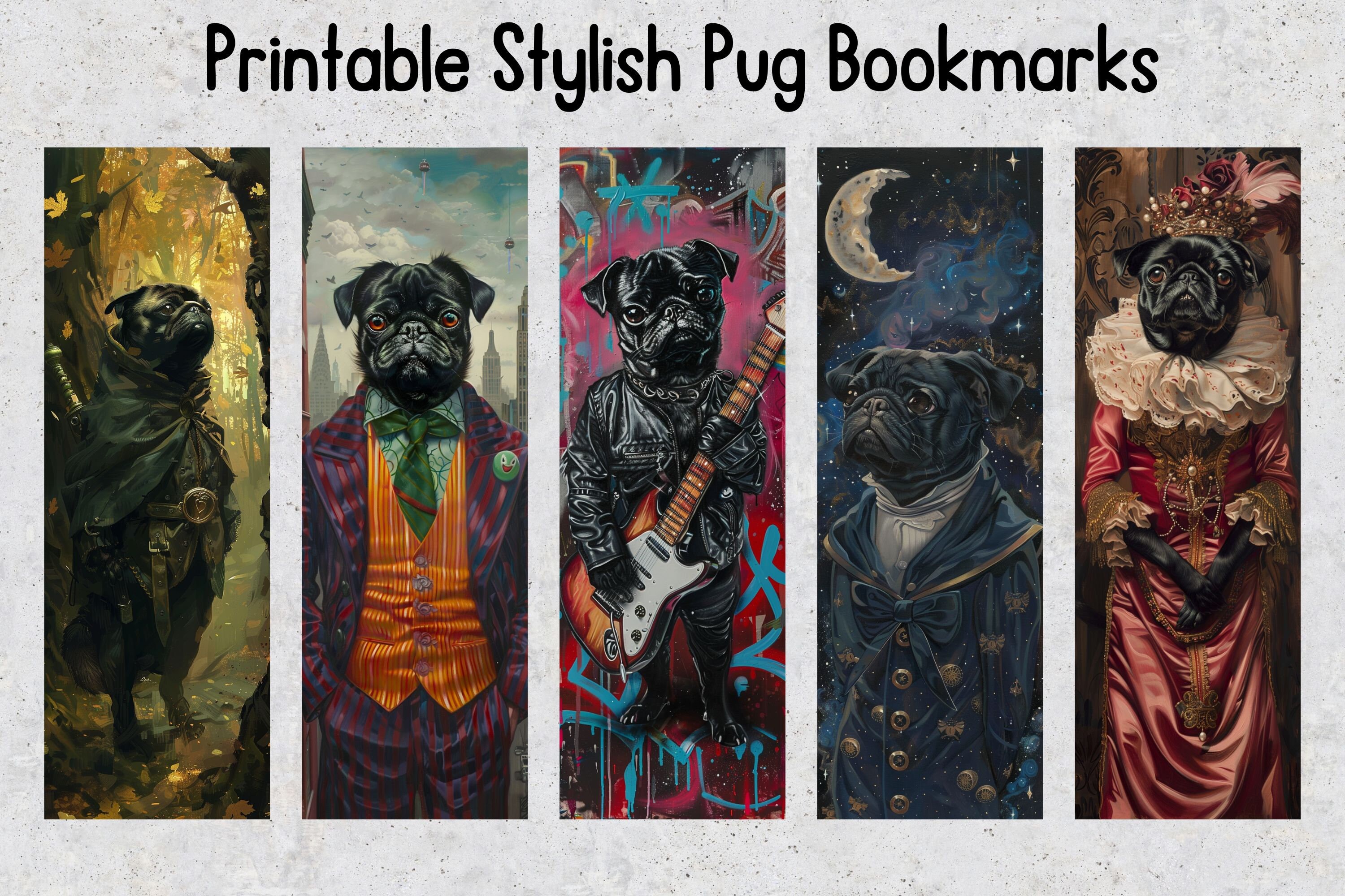 50 Pug Dog Printable Bookmarks, Pug Dogs Digital Bookmark Sheets, Pug ...