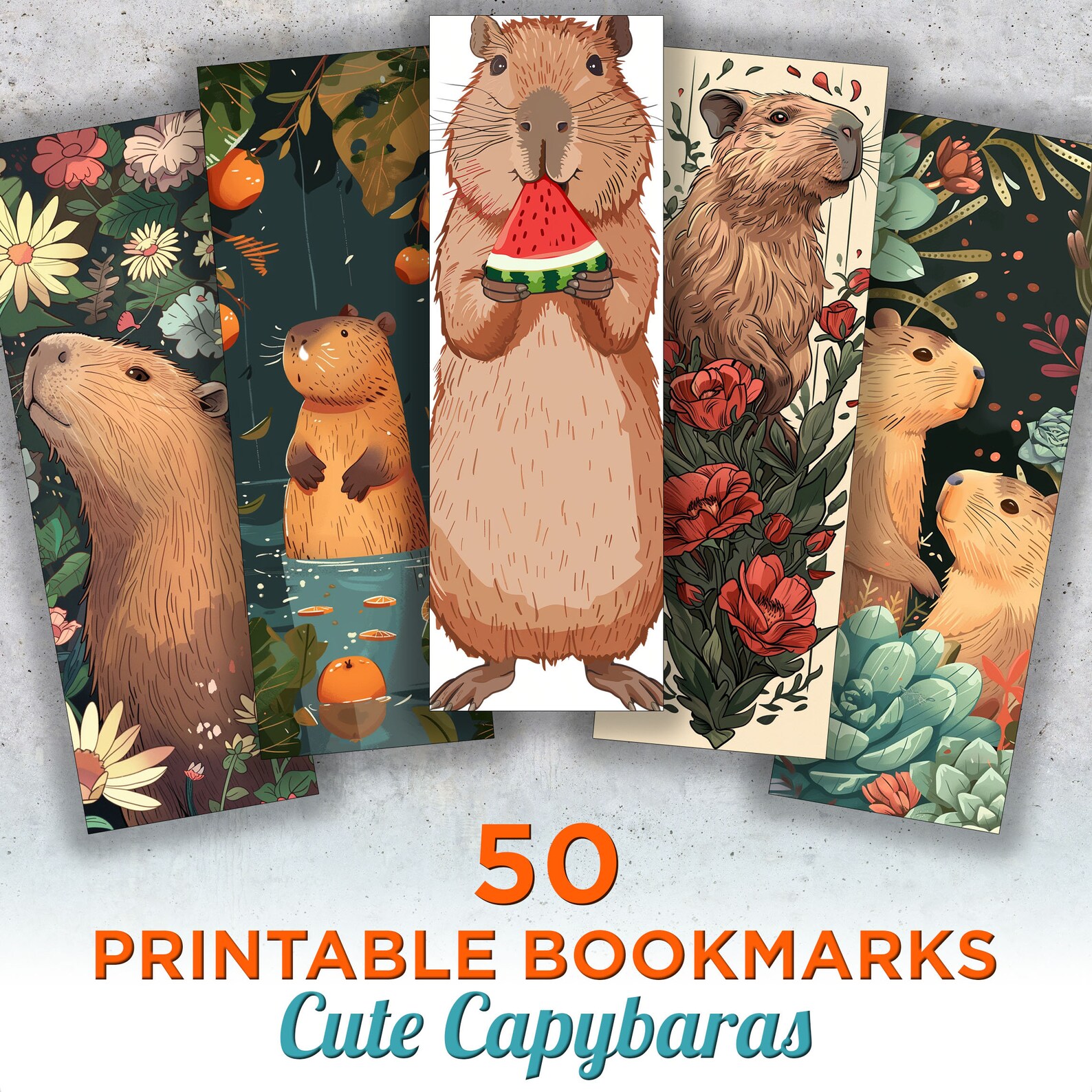 50 Capybara Printable Bookmarks, Capybara Digital Download Bookmark ...