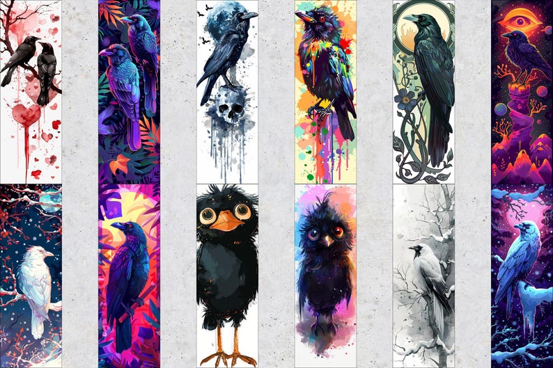 50 Raven Printable Bookmarks, Crow Digital Bookmark Sheets, Raven PNG ...
