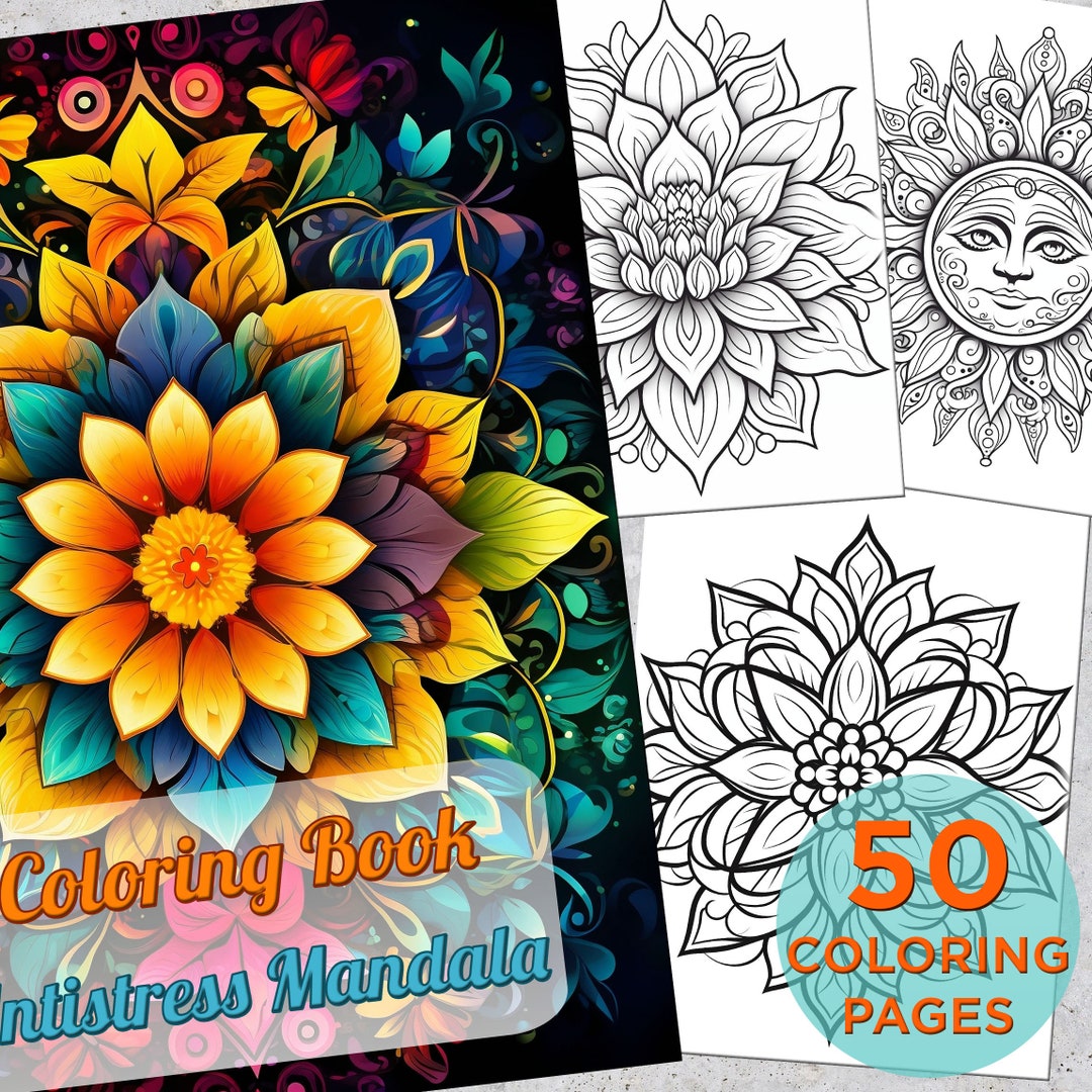 50 Mandala Coloring Pages, Mandala Printable Grayscale Coloring Book ...