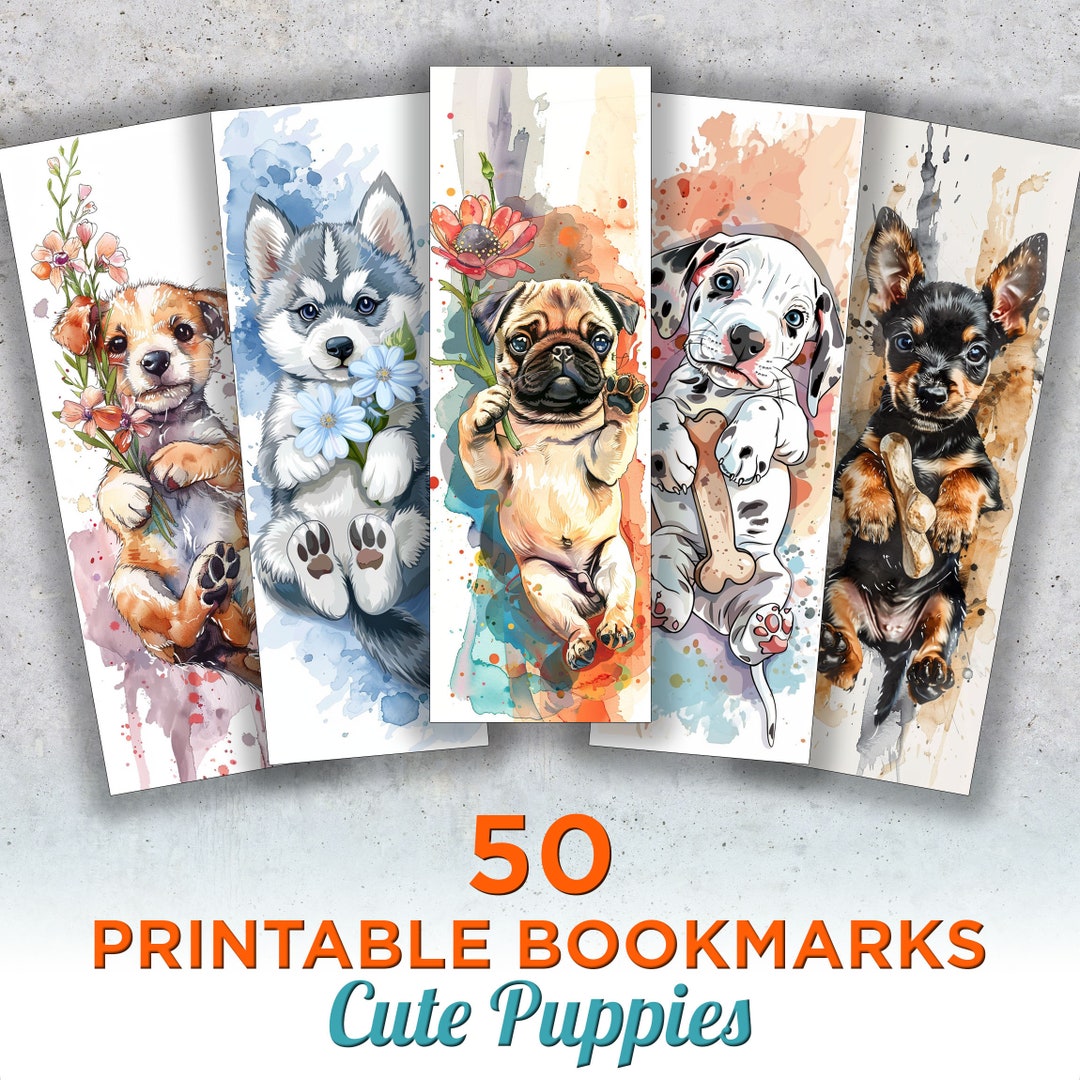 50 Cute Puppies Printable Bookmarks, Dogs Digital Download Bookmark ...