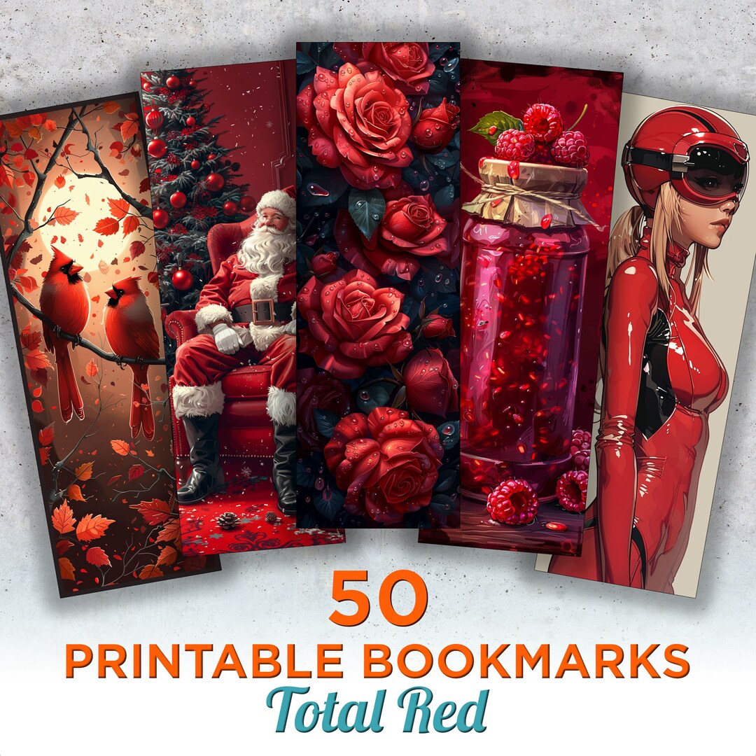 50 Total Red Printable Bookmarks, Red Digital Download Bookmark Sheets ...
