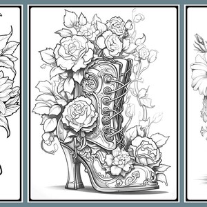 45 Floral Boots Coloring Pages, Blooming Shoes Printable Grayscale ...