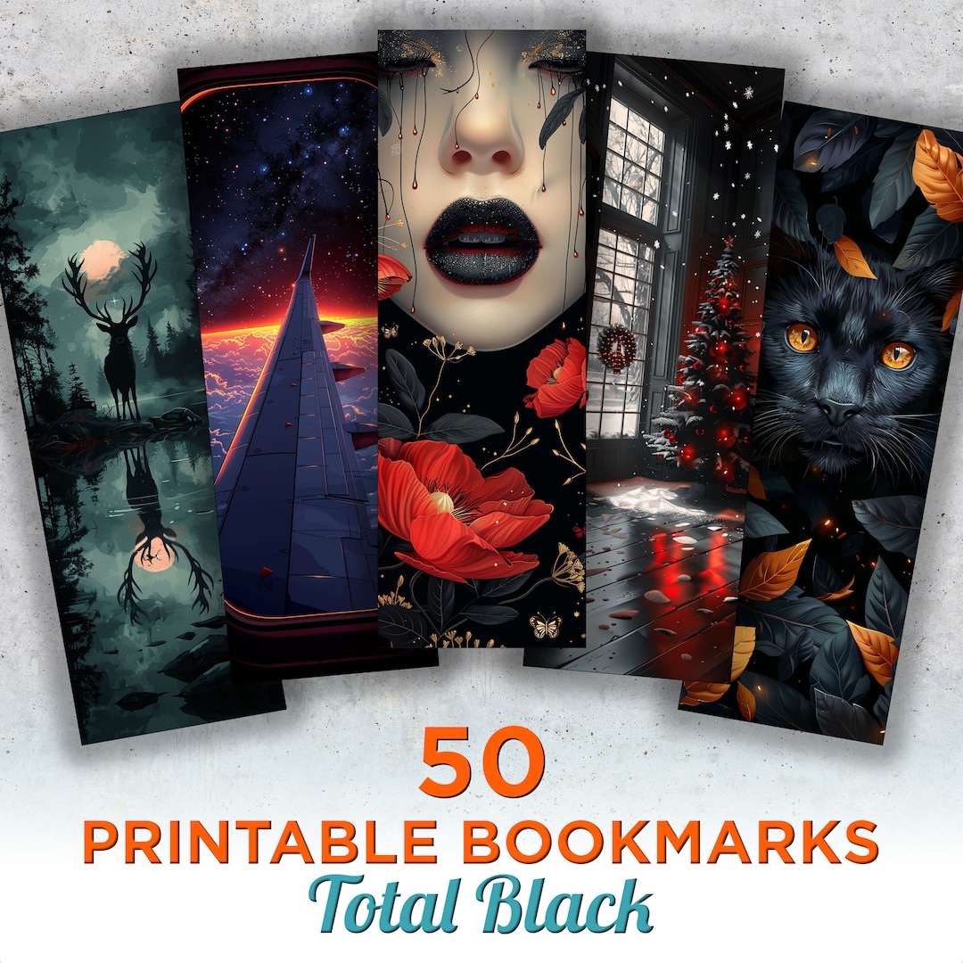 50 Total Black Printable Bookmarks, Black Digital Download Bookmark ...