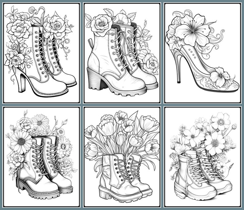 45 Floral Boots Coloring Pages, Blooming Shoes Printable Grayscale ...
