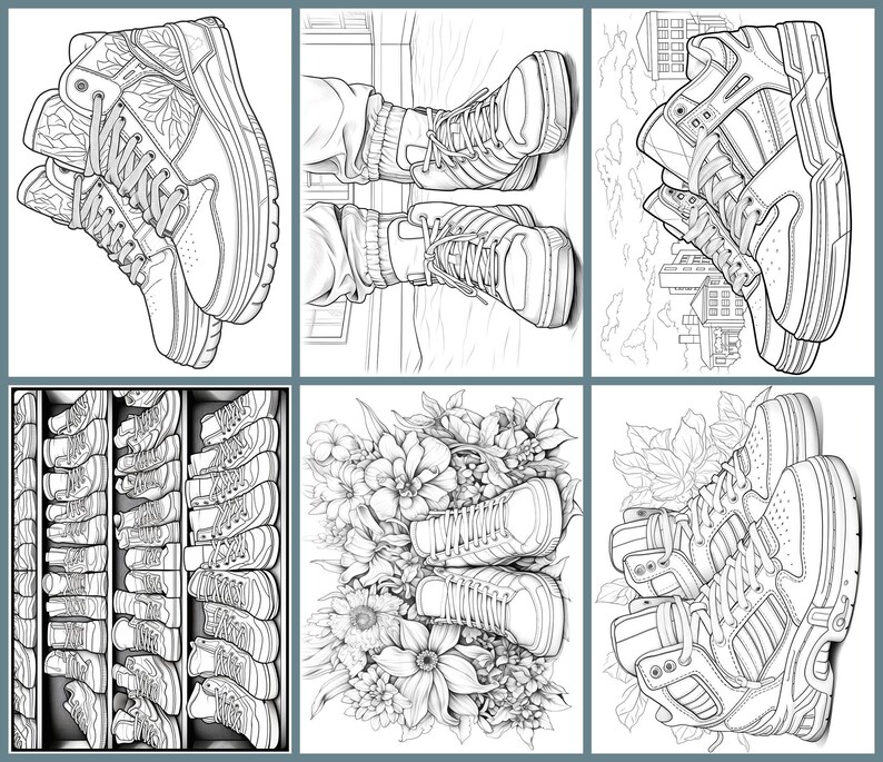 30 Sneakers Coloring Pages, Adults Printable Grayscale Coloring Book ...