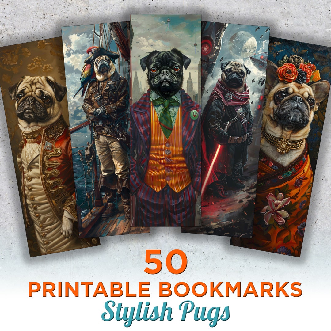 50 Pug Dog Printable Bookmarks, Pug Dogs Digital Bookmark Sheets, Pug ...