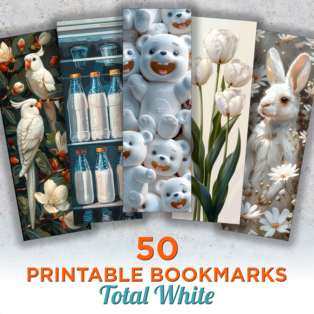 50 Total White Printable Bookmarks, White Digital Download Bookmark ...
