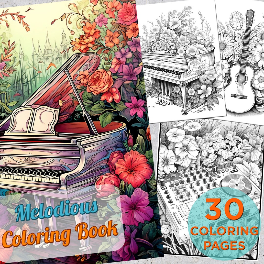 30 Melodious Coloring Pages, Music Printable Grayscale Coloring Book ...