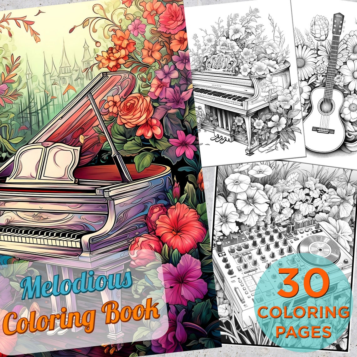 30 Melodious Coloring Pages, Music Printable Grayscale Coloring Book ...