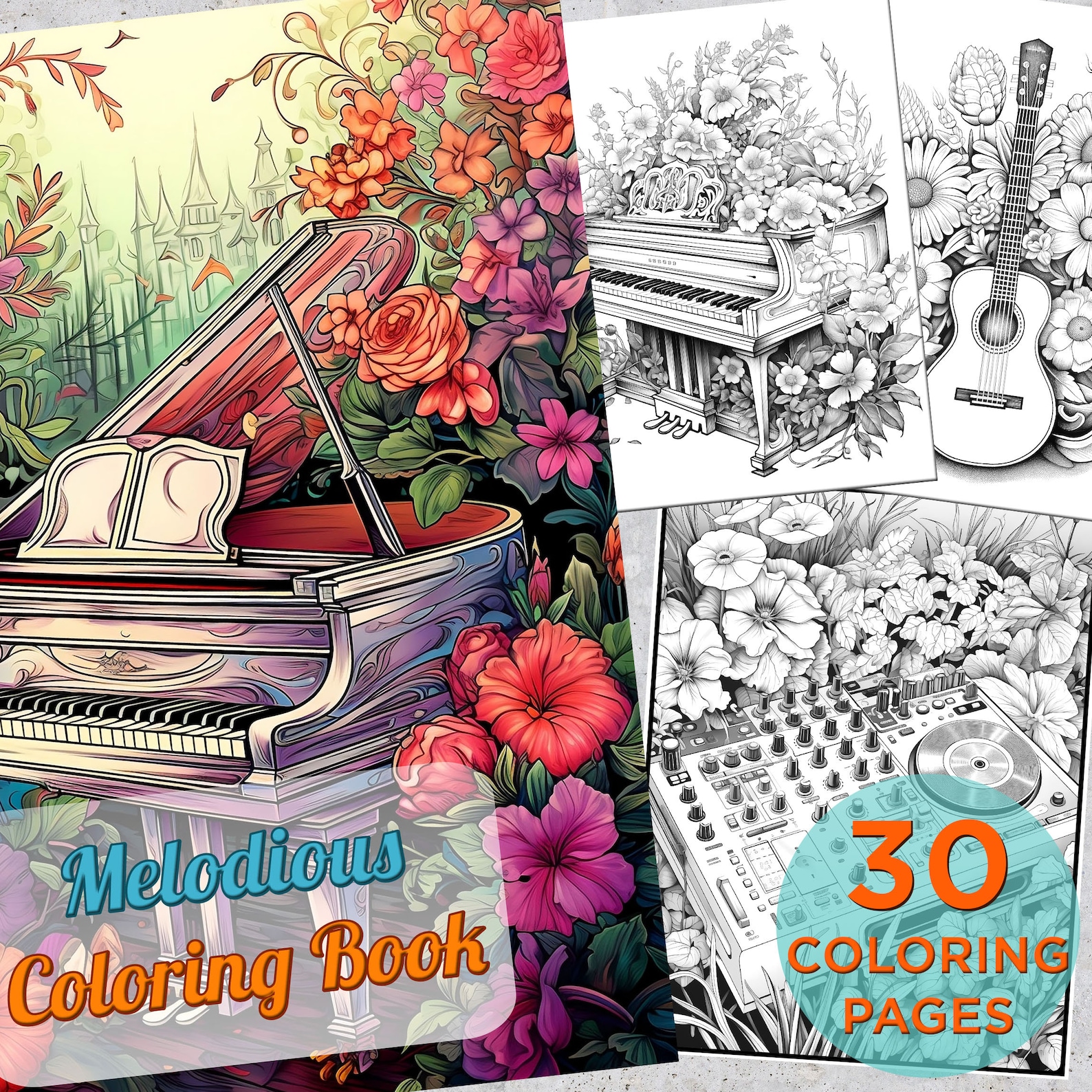 30 Melodious Coloring Pages, Music Printable Grayscale Coloring Book ...