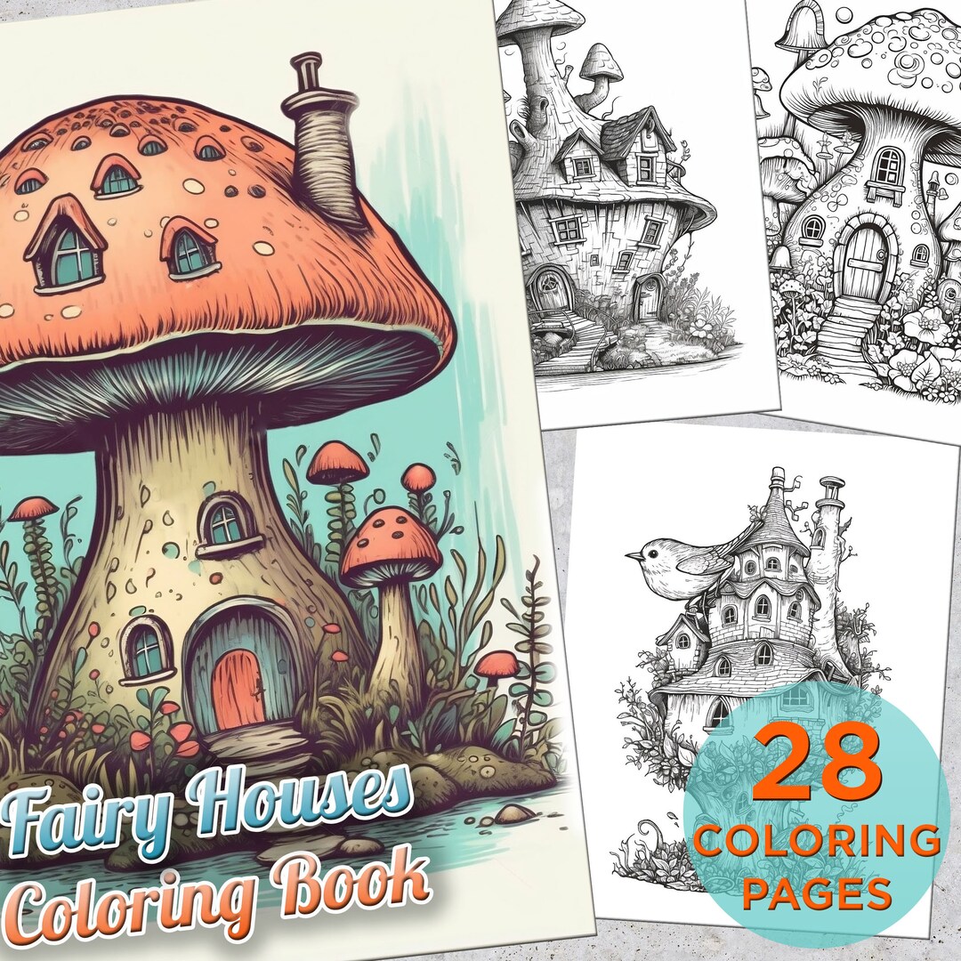 28 Fairy Houses Coloring Book, Adults Kids Printable Grayscale Coloring ...