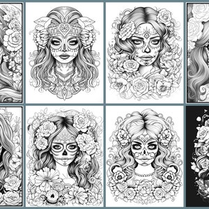 50 Sugar Skull Girls Coloring Pages V2, Adults Printable Grayscale ...
