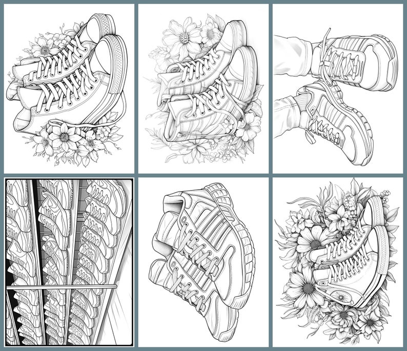 30 Sneakers Coloring Pages, Adults Printable Grayscale Coloring Book ...