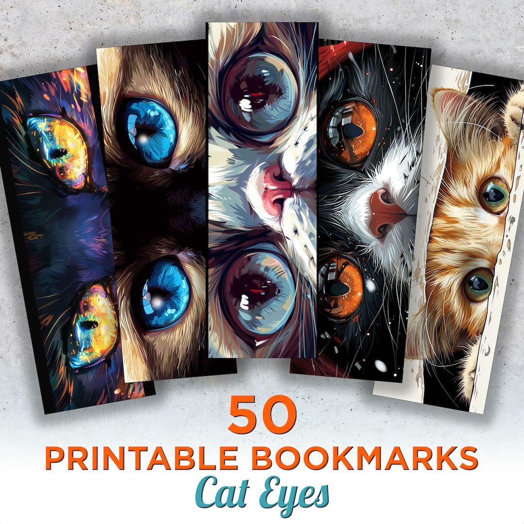 50 Cat Eyes Printable Bookmarks, Cat Eye Digital Bookmark Sheets, Cat ...