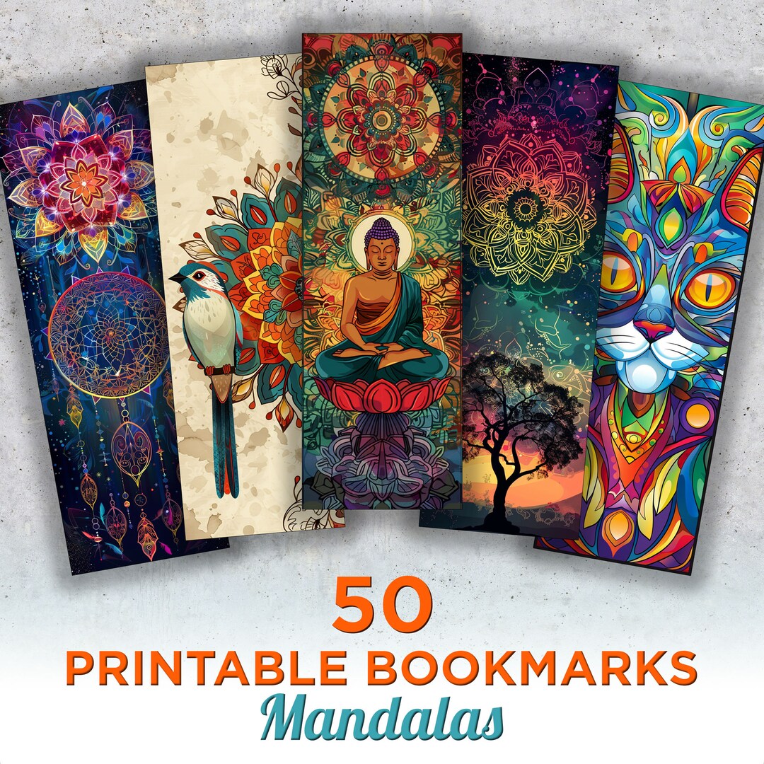 50 Mandala Printable Bookmarks, Mandala Digital Download Bookmark Sheets, Mandala Book PNG ...