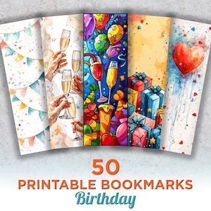50 Birthday Printable Bookmarks, Birthday Digital Bookmark Sheets ...