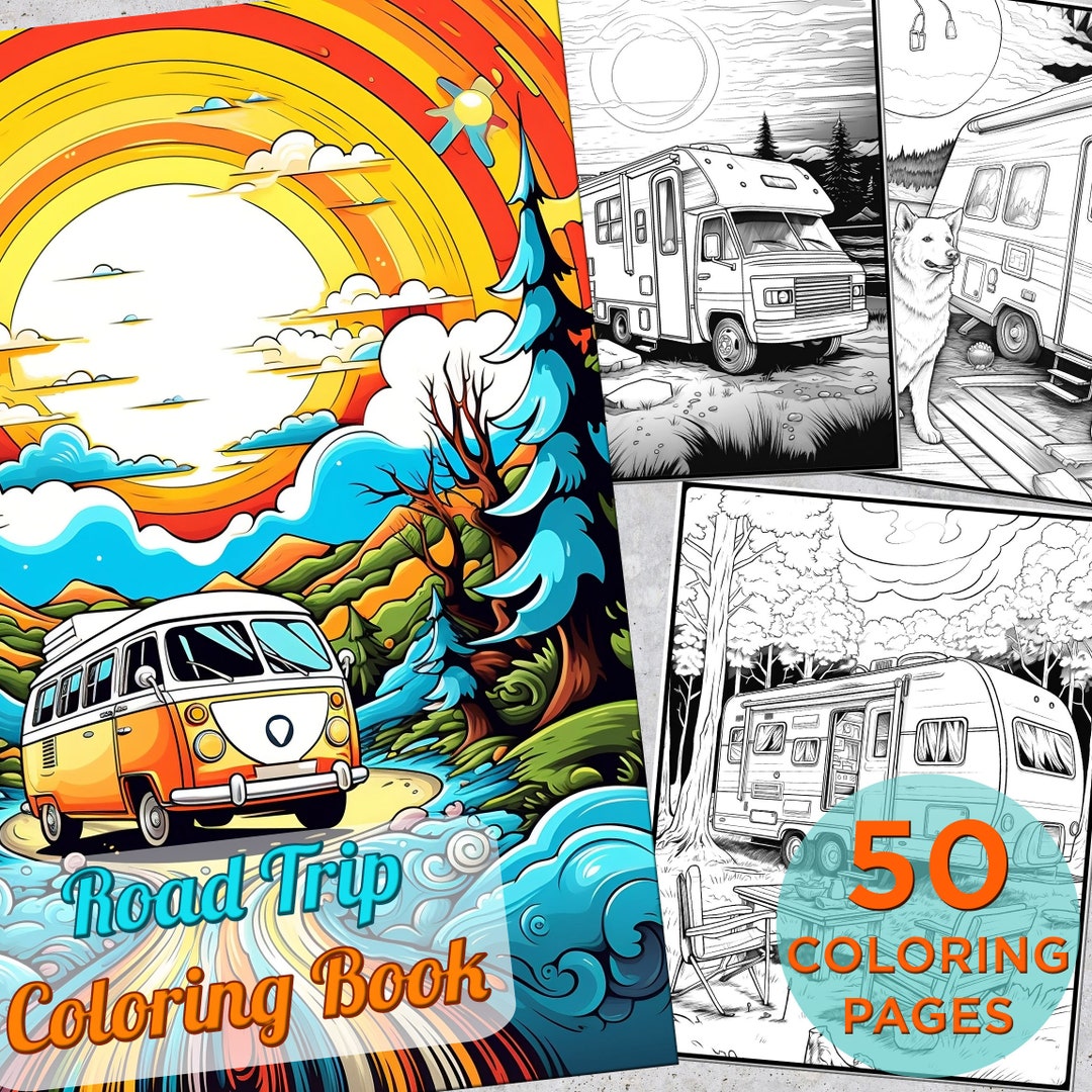 50 Road Trip Coloring Pages, Travel Printable Grayscale Coloring Book ...