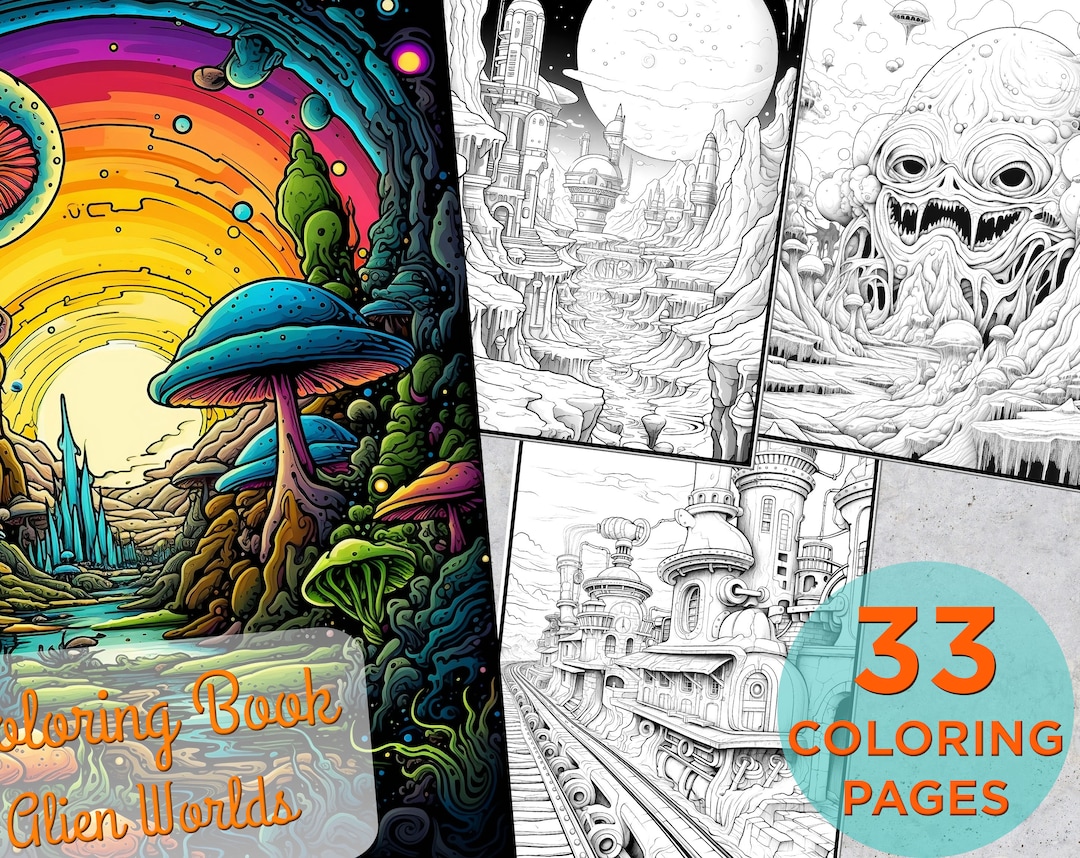 33 Alien Worlds Coloring Pages, Adults Printable Grayscale Coloring ...