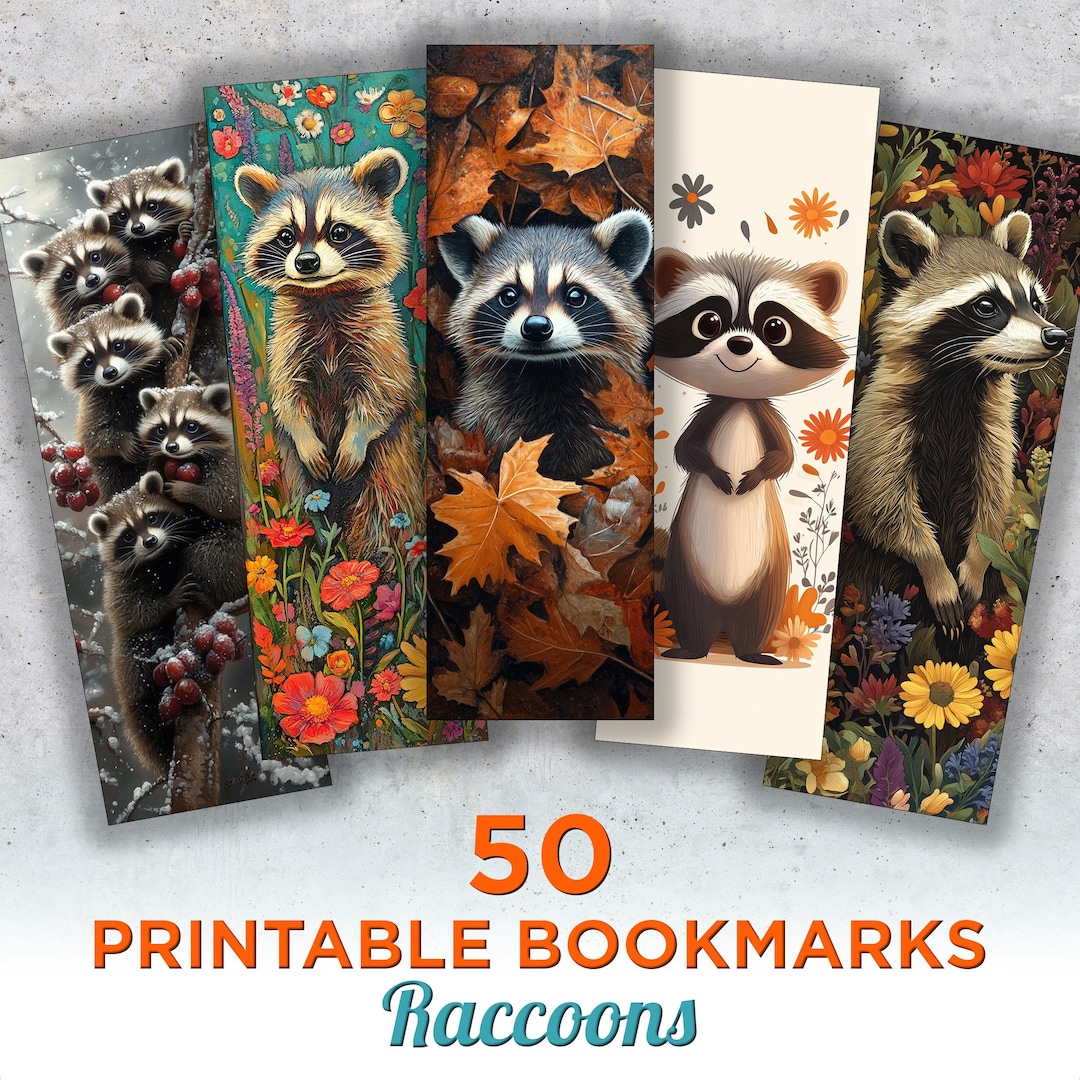 50 Raccoon Printable Bookmarks, Raccoon Digital Download Bookmark ...