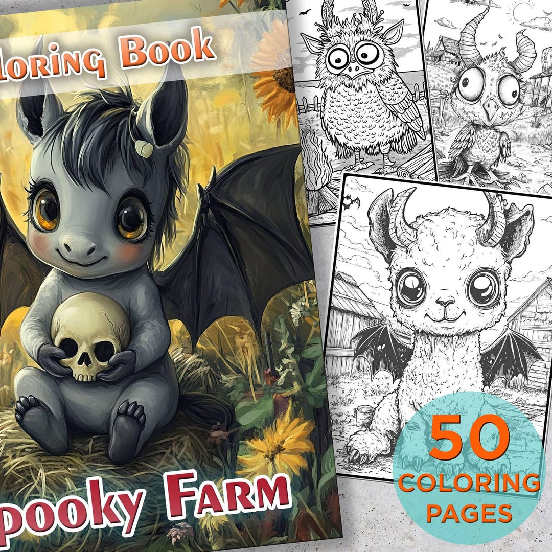 50 Spooky Farm Coloring Pages, Horror Animals Printable Grayscale ...