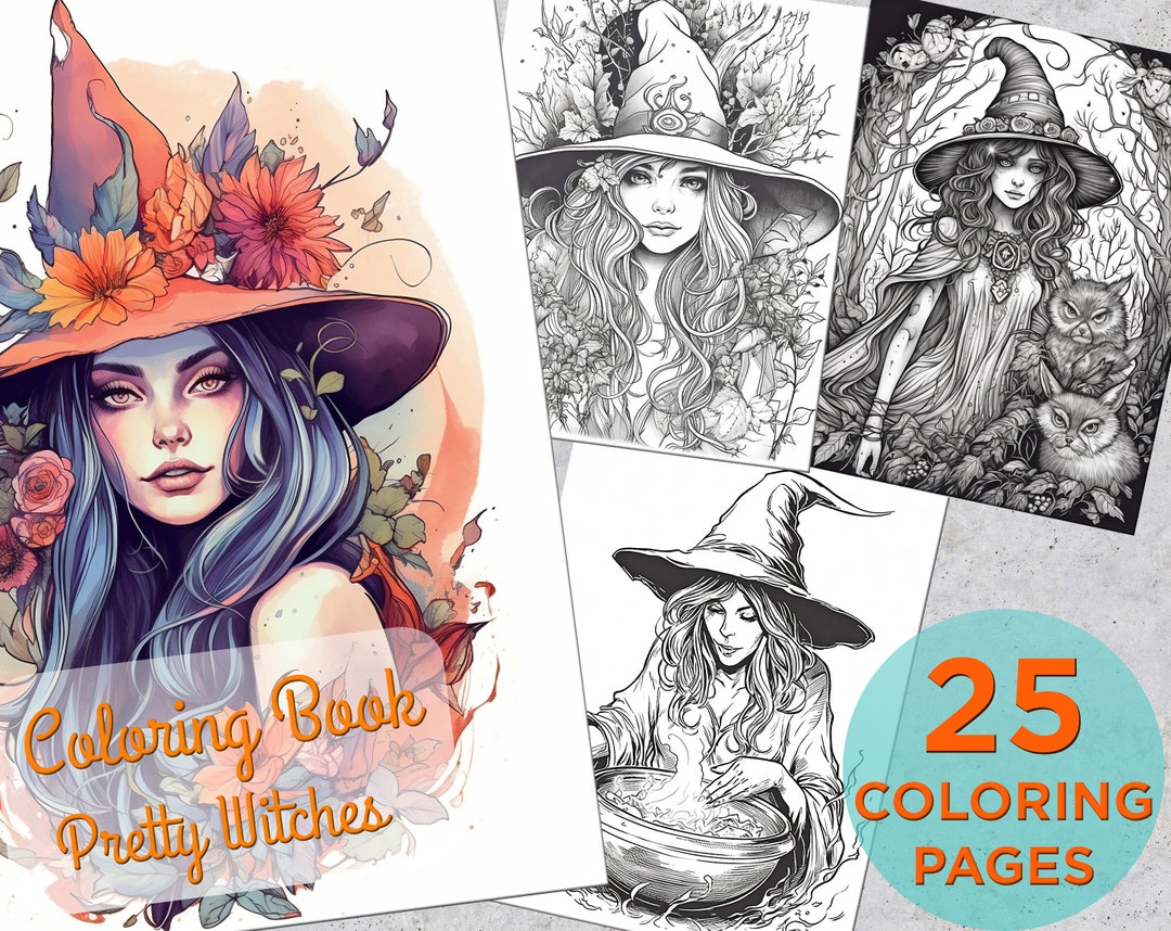 25 Pretty Witches Coloring Pages Adults Printable Grayscale - Etsy