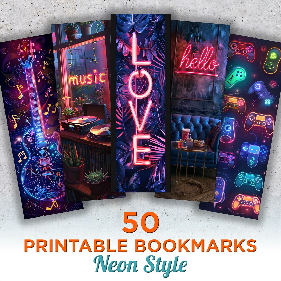 50 Neon Style Printable Bookmarks, Neon Light Digital Download Bookmark ...