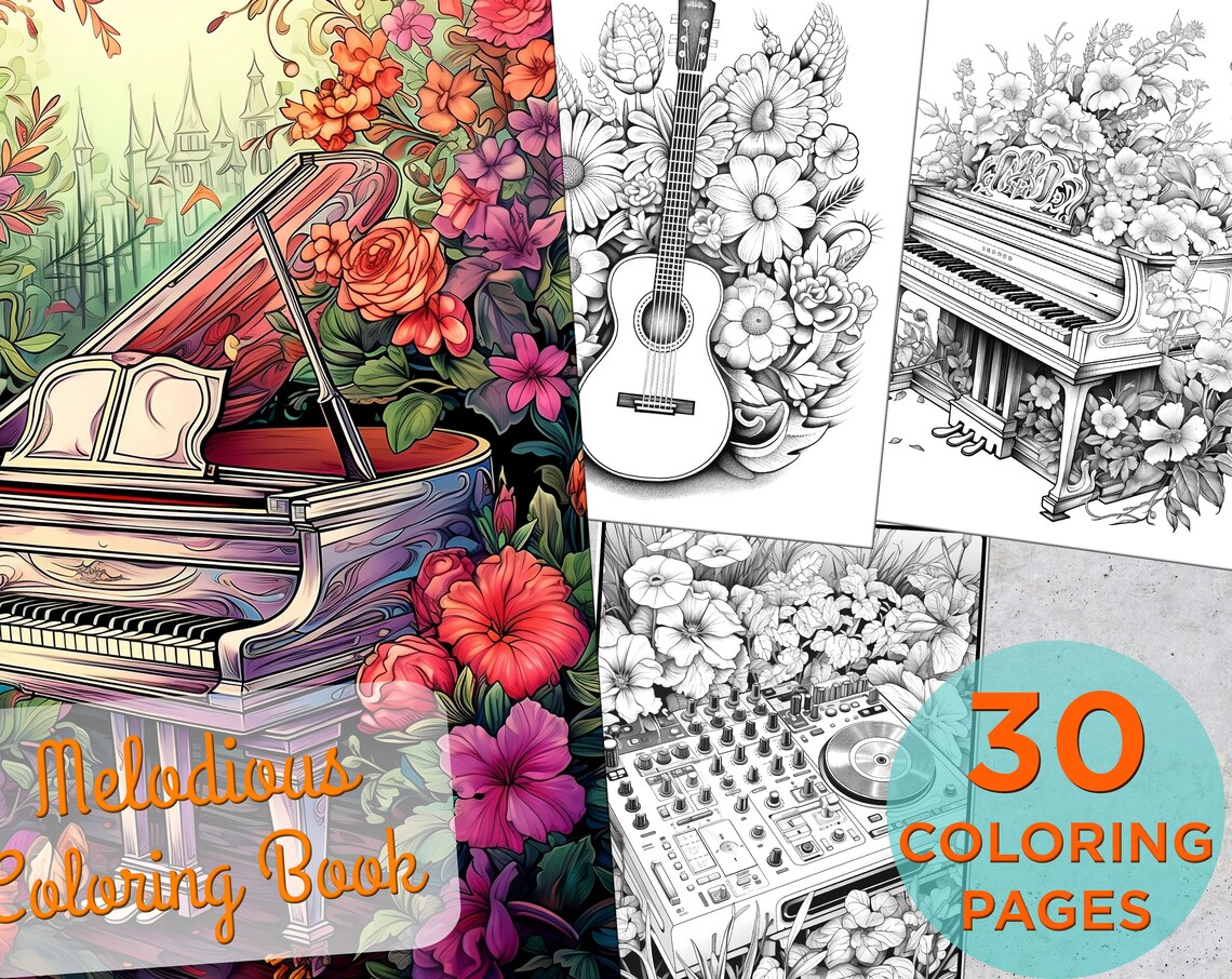 30 Melodious Coloring Pages, Music Printable Grayscale Coloring Book ...