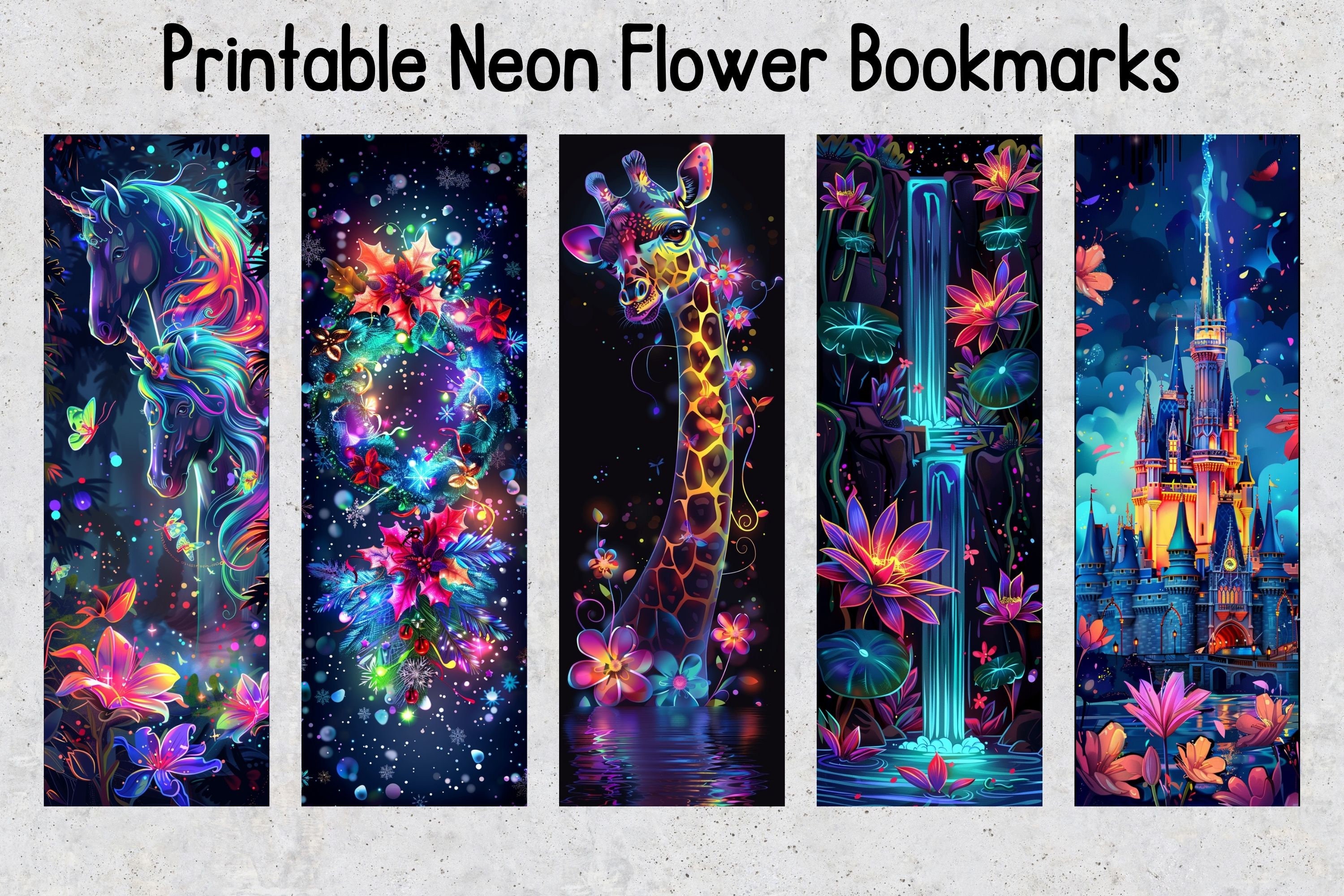 50 Neon Flowers Printable Bookmarks, Floral Digital Download Bookmark ...