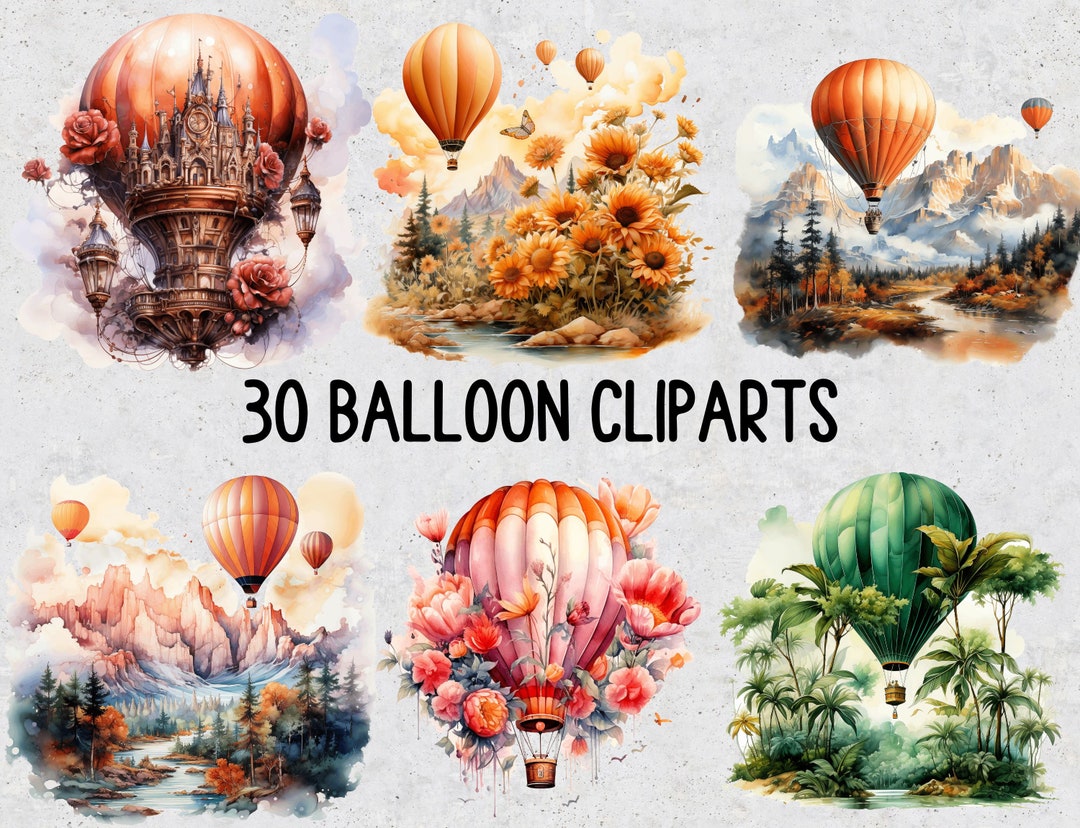 30 Balloon PNG Cliparts, Watercolor Balloon Sublimation Clip Arts, Set ...