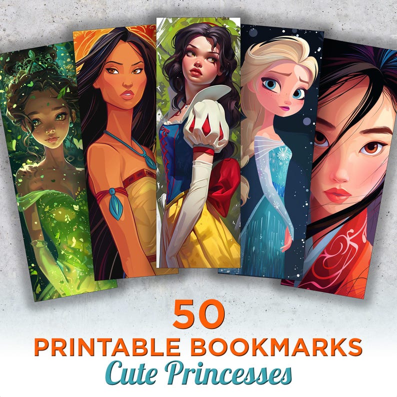 50 Cartoon Princess Printable Bookmarks, Fairy Tale Digital Download ...