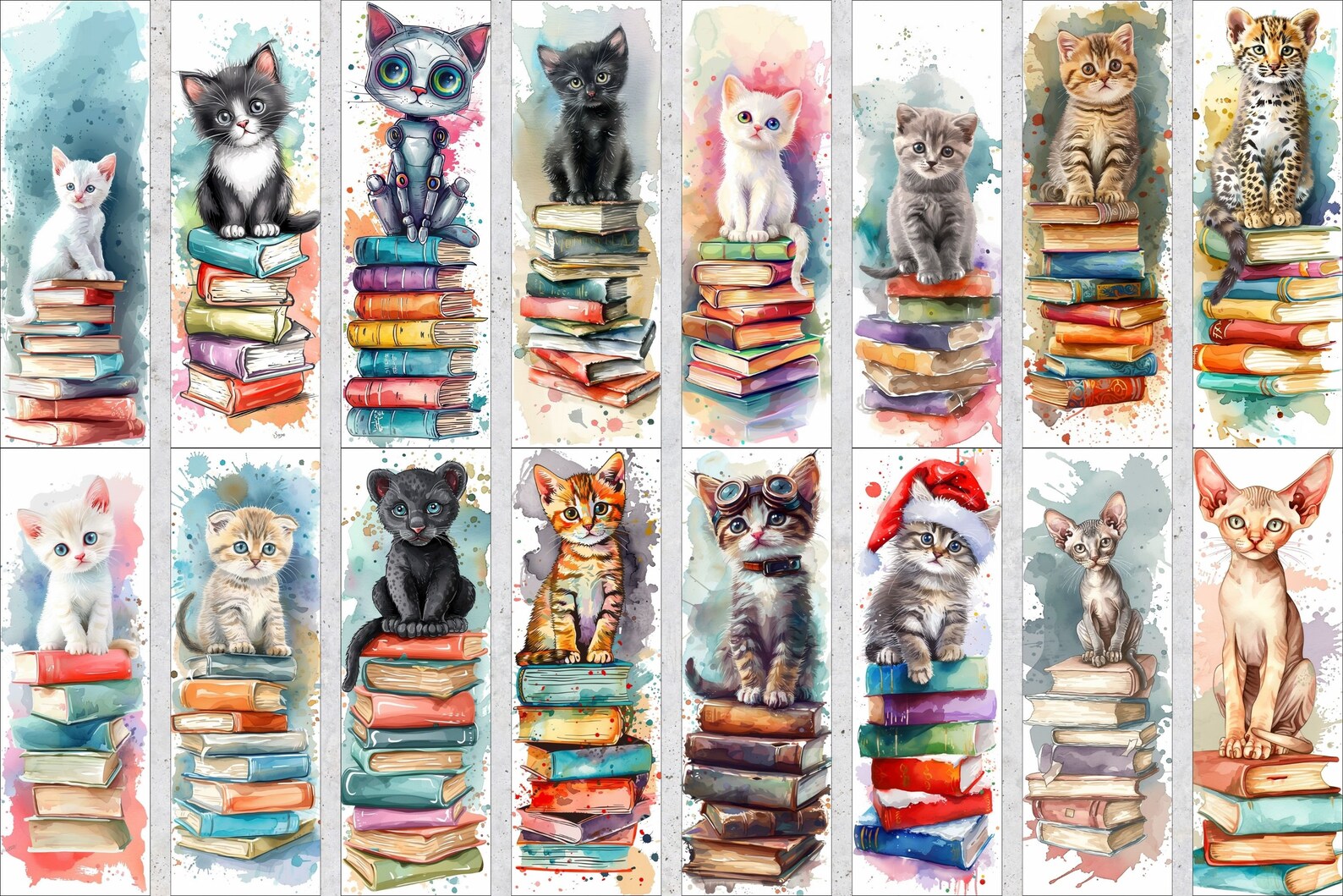 50 Cats on Books Printable Bookmarks, Kitten Digital Bookmark Sheets ...