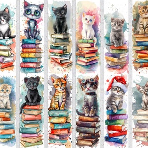 50 Cats on Books Printable Bookmarks, Kitten Digital Bookmark Sheets ...