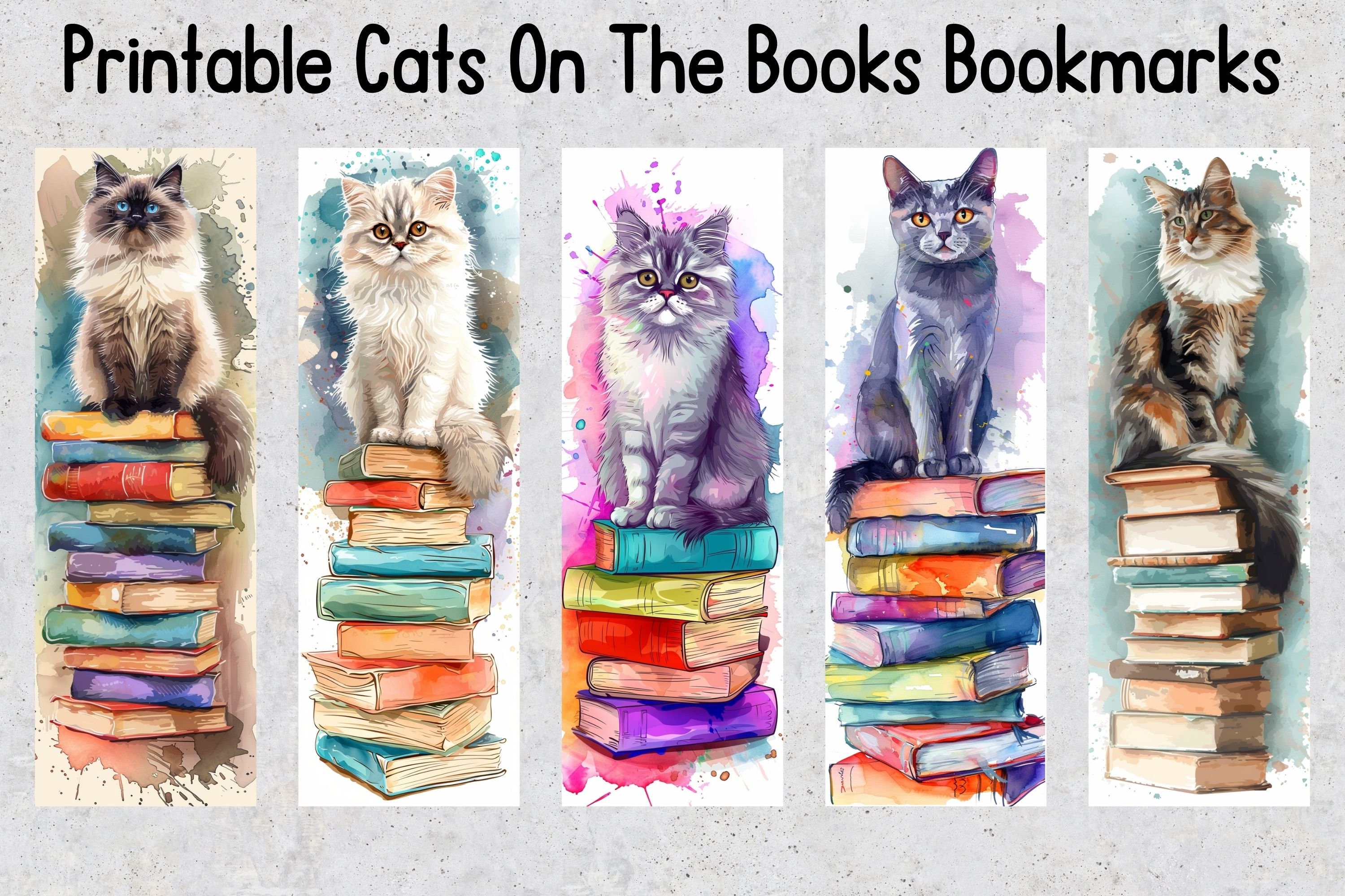 50 Cats on Books Printable Bookmarks, Kitten Digital Bookmark Sheets ...