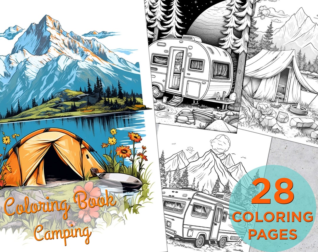 28 Camping Coloring Pages, Camping Printable Grayscale Coloring Book ...