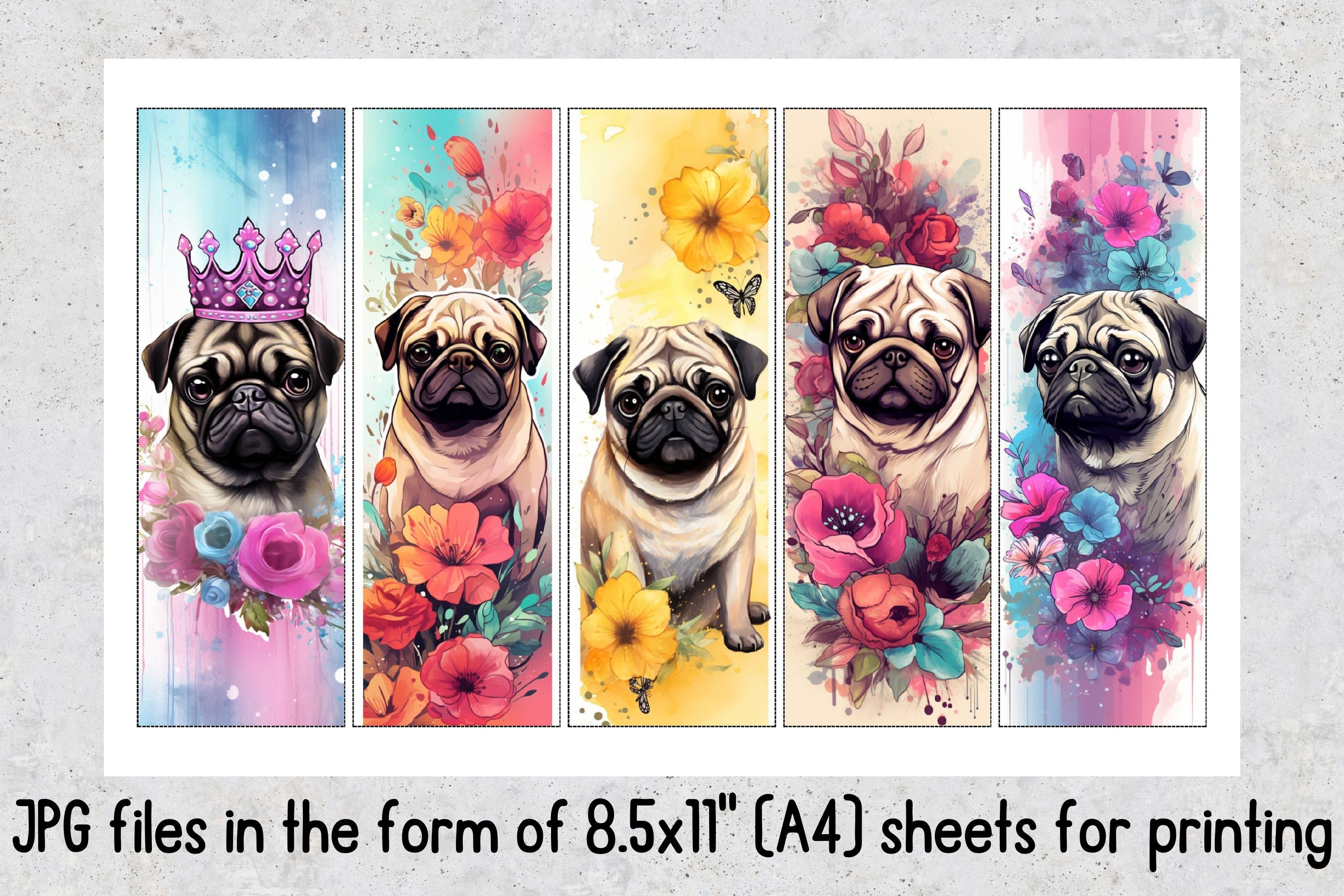 50 Pug Dog Printable Bookmarks, Pug Dogs Digital Bookmark Sheets, Pug ...